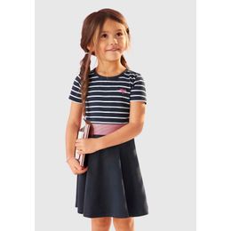 Jerseykleid Kangaroos "f&uuml;r kleine M&auml;dchen", M&auml;dchen, Gr. 116/122, N-Gr, blau (marine, gestreift), Jersey, Obermaterial: 95% Baumwolle, 5% Elasthan, geringelt, mehrfarbig, ausgestellt kniefrei, Rundhals, abgesteppte Kante, Kleider Ringelkleid, kniefrei, aus Jersey, kurz&auml;rmelig