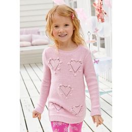 Strickpullover Kidsworld "Longpullover mit Herz-Muster f&uuml;r kleine M&auml;dchen", M&auml;dchen, Gr. 140/146, rosa, Strick, Obermaterial: 90% Polyacryl, 10% Polyamid, unifarben, Basic Po-bedeckend, Rundhals, Strickb&uuml;ndchen, Pullover Strickpullover, mit niedlichen Herzen