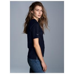 T-Shirt TRIGEMA "TRIGEMA T-Shirt DELUXE Baumwolle mit Kristallsteinen", Damen, Gr. L, blau (navy), 100% Baumwolle, Basic, Shirts T-Shirt
