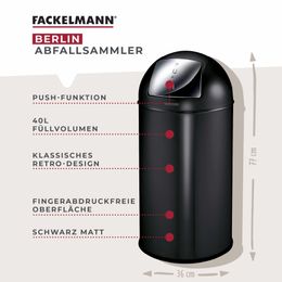 Fackelmann M&uuml;lleimer "BERLIN, Push Abfalleimer 40L", B/H/T: 77cm, 40 lschwarz matt, K&uuml;che, M&uuml;lleimer, Retro-Design, gro&szlig;es Fassungsvolumen,