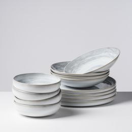 GIPFELST&Uuml;CK Tafelservice "Geschirr-Set, Service Tiefer See", 12 tlg.grau, wei&szlig;, Geschirr-Sets, Scandi-Style, jedes St&uuml;ck ein Unikat, 12 Teile, f&uuml;r 4