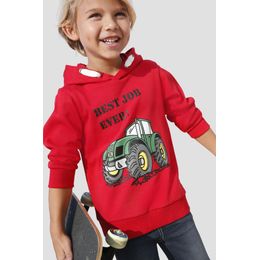 Kapuzensweatshirt Kidsworld "BEST JOB EVER", Jungen, Gr. 116/122, rot, angeraute Sweatware, Obermaterial: 100% Baumwolle. Kapuzenfutter: 100% Baumwolle, bedruckt, Basic, Bündchen, Sweatshirts, Kapuzensweatshirt mit Traktor-Print