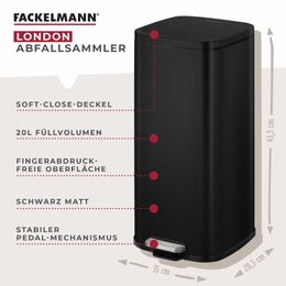 Fackelmann M&uuml;lleimer "LONDON, Pedal-Abfalleimer 20L", B/H/T: 35cm x 43,5cm x 28,5cm, 20 lschwarz matt, K&uuml;che, M&uuml;lleimer, mit ged&auml;mpftem Deckel &