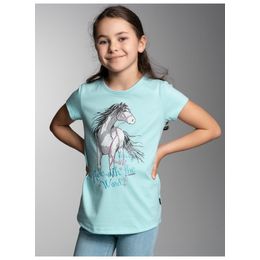 T-Shirt TRIGEMA "TRIGEMA T-Shirt mit Pferd", M&auml;dchen, Gr. 140, blau (gletscher), Single Jersey, 100% Baumwolle, normal, Rundhals, Shirts T-Shirt