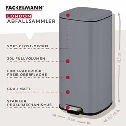 Fackelmann M&uuml;lleimer "LONDON, Pedal-Abfalleimer 20L", B/H/T: 35cm x 43,5cm x 28,5cm, 20 lurban gray, K&uuml;che, M&uuml;lleimer, mit ged&auml;mpftem Deckel &