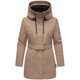 Winterjacke Navahoo "Eishauch 14", Damen, Gr. L (40), grau (taupe), Obermaterial: 55% Nylon, 45% Baumwolle; Innenfutter: 100% Polyester; Wattierung: 100% Polyester; Ärmelfutter: 100% Polyester, figurumspielend Po-bedeckend, hoch geschlossener Ausschnitt, eng Rippstrickbündchen, Jacken Winterjacke, Damen Winterparka mit Taillengürtel und Fleece-Kragen