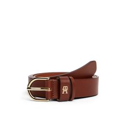 Lederg&uuml;rtel Tommy Hilfiger "ESSENTIAL EFFORTLESS 2.5 cm breit GOLD", Damen, Gr. 75, winter cognac, Rindsleder, G&uuml;rtel Lederg&uuml;rtel, Logoemblem, weiche Haptik, ovale Einfachdornschlie&szlig;e