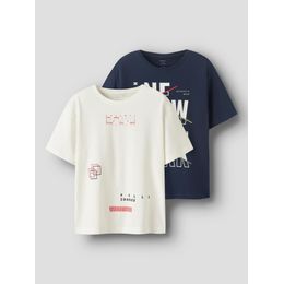 T-Shirt name it "NKMKINGSTON 2P SS NREG TOP PB", Jungen, Gr. 146/152, coconut milk pack:pack w mood indigo, Jersey, Obermaterial: 100% Baumwolle, bedruckt, regular fit normal, Rundhals, Shirts