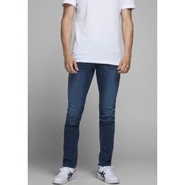 Jack & Jones Slim-fit-Jeans JACK & JONES "JJIGLENN Slim-Fit mit Stretch und praktischer 5-Pocket-Form", Herren, Gr. 28, L&auml;nge 32, blau (dunkelblau denim), Denim/Jeans, Obermaterial: 98% Baumwolle, 2% Elasthan, Abriebeffekte, slim fit kn&ouml;chellang, Jeans Slim-fit-Jeans, mit Abriebeffekten