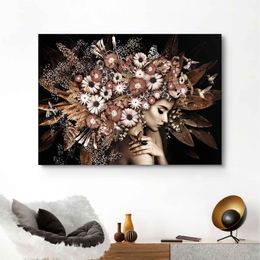 Deco-Panel Reinders, B:140cm H:100cm, braun, MDF, Bilder, "Blumenreichtum Frau - Schmetterling - Strau&szlig; - Romantik"
