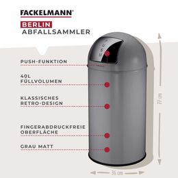 Fackelmann M&uuml;lleimer "BERLIN, Push Abfalleimer 40L", B/H/T: 77cm, 40 lurban gray, K&uuml;che, M&uuml;lleimer, Retro-Design, gro&szlig;es Fassungsvolumen, lackiertes