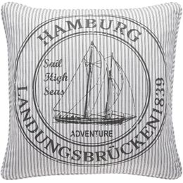 Dekokissen Pad "OCEAN Hamburg", grau, schriftzüge bedruckt, B:45cm L:45cm, Baumwolle, Dekokissen_Sitzkissen_Kissenhüllen