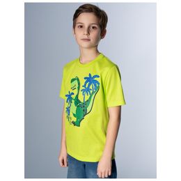 T-Shirt TRIGEMA "TRIGEMA T-Shirt mit coolem Dino-Motiv", Jungen, Gr. 116, gelb (lemon), 100% Baumwolle, Shirts T-Shirt