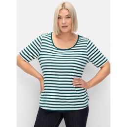 sheego Damen Kurzarmshirt "T-Shirt", blau, Gr. 48, gemustert, gestreift, mehrfarbig, 100% Baumwolle, Shirts