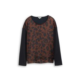 Tom Tailor Damen Loose Fit Langarmshirt mit Leo-Print, braun, Animalprint, Gr. M