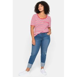 sheego Damen Kurzarmshirt "T-Shirt", rot, Gr. 48, gemustert, gestreift, mehrfarbig, 100% Baumwolle, Shirts