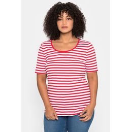 sheego Damen Kurzarmshirt "T-Shirt", rot, Gr. 56, gemustert, gestreift, mehrfarbig, 100% Baumwolle, Shirts