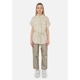 FRESHLIONS Damen Klassische Bluse "Zoey", beige, Gr. L, unifarben, 100% Leinen, Blusen, mit Bindeband in der Taille