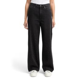 Weite Jeans Tom Tailor Denim "LINOU", Damen, Gr. L, L&auml;nge 32, schwarz stone wash denim, Denim/Jeans, Obermaterial: 100% Baumwolle, unifarben, weit lang, Jeans, mit Strasssteinen