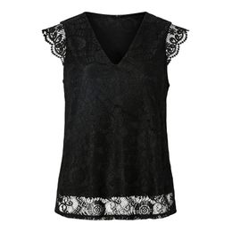 Spitzentop Pieces "PCOLLINE SL LACE V-NECK TOP WVN NOOS", Damen, Gr. XL, schwarz, Spitze, Obermaterial: 90% Nylon, 10% Elasthan, unifarben, regular fit normal, V-Ausschnitt, Tops Spitzentop