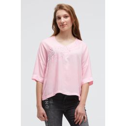 SOCCX Damen V-Shirt, rosa, Gr. S, bedruckt, Material Vorderteil: 100% Viskose, Material R&uuml;ckenteil: 100% Baumwolle, Shirts, mit V-Ausschnitt