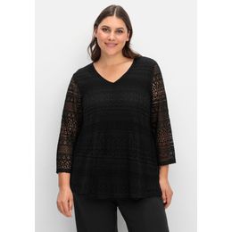 sheego Damen Spitzenshirt "Spitzenshirt", schwarz, Gr. 48, unifarben, 70% Baumwolle, 30% Polyimid, Shirts