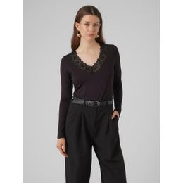 V&eacute;ro Moda VERO MODA Damen V-Shirt "VMROSA LS V-NECK LACE TOP GA JRS NOOS", schwarz, Gr. S, unifarben, Jersey, Obermaterial: 95% Viskose, 5% Elasthan, Shirts
