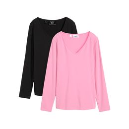 bonprix Damen Langarmshirt "Figurbetontes Langarmshirt (2er Pack)", rosa, Gr. 52, unifarben, Web, Obermaterial: 95% Baumwolle, 5% Elasthan, Shirts,