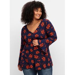 Damen Langarmshirt "Langarmshirt", blau, Gr. 52, sheego by Joe Browns, gebl&uuml;mt, gemustert, 95% Viskose, 5% Elasthan, Shirts