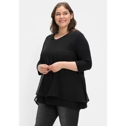sheego Damen Blusenshirt "3/4-Arm-Shirt", schwarz, Gr. 48, unifarben, 95% Viskose, 5% Elasthan, Chiffon:100% Polyester, Shirts