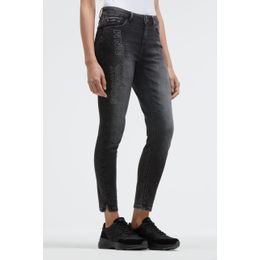 Slim-fit-Jeans SOCCX, Damen, Gr. 34, Normalgr&ouml;&szlig;en, jogg grau printed, Denim/Jeans, Material: 68% Baumwolle, 16% Polyester, 14% Lyocell, 2% Elasthan, Zusatz: Enth&auml;lt nichttextile Teile tierischen Ursprungs (Badge), bedruckt, slim fit, Jeans Slim-fit-Jeans, mit verk&uuml;rztem Bein
