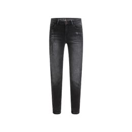 SOCCX Damen Slim-fit-Jeansjogg grau printed, Gr. 28, bedruckt, Denim/Jeans, Material: 68% Baumwolle, 16% Polyester, 14% Lyocell, 2% Elasthan, Zusatz: