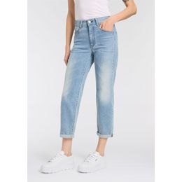 Tapered-fit-Jeans Herrlicher "Gila HI Tap Denim", Damen, Gr. 34, N-Gr, waterway, Denim/Jeans, Obermaterial: 98% Baumwolle, 2% Elasthan, Jeans, mit seitlichem Keileinsatz