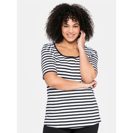 sheego Damen Kurzarmshirt "T-Shirt", schwarz-wei&szlig;, Gr. 44, gemustert, gestreift, mehrfarbig, 100% Baumwolle, Shirts