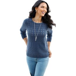 Damen Ajourpullover mit gerippten B&uuml;ndchen jeansblau, Gr&ouml;&szlig;e 56