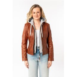 Lederjacke Mauritius "MWAleni", Damen, Gr. M, whiskey, Obermaterial: 100% Schafsleder. Futter: 100% Baumwolle. Kapuze: 55% Baumwolle, 45% Polyester. Ärmelfutter: 100% Polyester, unifarben, regular fit normal, mit Druckknopf, Jacken, mit Jerseykapuze und Stehkragen