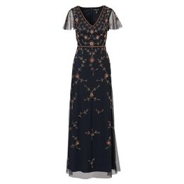 Adrianna Papell Langes Abendkleid 'Short Sleeve Floral Beaded Mermaid Gown' Damen Größe 38 dunkelblau Winterkleid