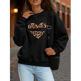 GORHEY Pullover 'Wo's Loose Fit Fleece Pullover, Long Sleeve Sweatshirt with Animal Print' Damen Gr&ouml;&szlig;e M schwarz