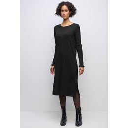 Midikleid Street One, Damen, Gr. 46, EURO-Gr&ouml;&szlig;en, schwarz, Stoff, 63% Polyester, 34% Viskose, 3% Elasthan, unifarben, normal kniebedeckend, Rundhals, gewellter Abschluss, Kleider Midikleid, mit Rundhalsausschnitt