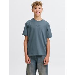 Jack & Jones T-Shirt JACK & JONES JUNIOR "JJKENJI TEE SS CREW NECK JNR", Jungen, Gr. 140, stormy weather, Single Jersey, Obermaterial: 100% Baumwolle, unifarben, relaxed fit normal, Rundhals, Shirts