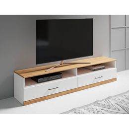 Home Affaire Lowboard &raquo;Ribe,140cm breit,38cm hoch mit 2 Klappen,Oberplatte aus Massivholz&laquo; Oberplatte Eiche massiv,schwarze Metall Griffe wei&szlig; FSC -