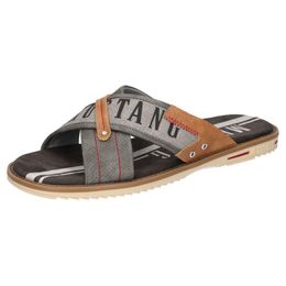Mustang Shoes Pantolette, Sommerschuh, Schlappen, Poolslides, mit auff&auml;lligem Logoschriftzug dunkelgrau-braun 40 40 Pantolette mit &Ouml;sen,...