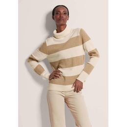 Madeleine Mode MADELEINE Blockstreifen-Pullover mit Stehkragen in wollwei&szlig; / caramel / silberfarben | Gr.: 40