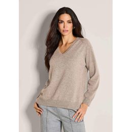 Madeleine Mode MADELEINE Casual Strickpullover mit V-Ausschnitt in beige / melange | Gr.: 34