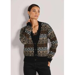 Madeleine Mode MADELEINE Luxuri&ouml;se Jacquard-Strickjacke mit V-Ausschnitt in schwarz / wollwei&szlig; / beige | Gr.: 34