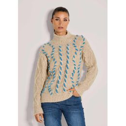 Madeleine Mode MADELEINE Modischer Grobstrickpullover mit Folklore-Elementen in caramel / melange / bleu | Gr.: 34