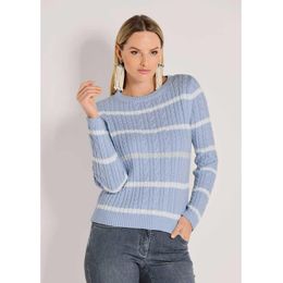 Madeleine Moderner Baumwollpullover mit Zopfmuster und Ringel-Design in bleu / wollwei&szlig; | Gr.: 48