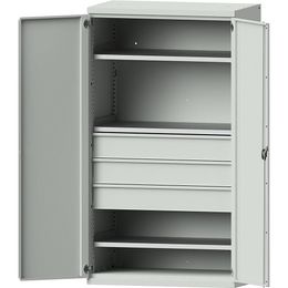 eurokraft pro Schwerlastschrank aus Stahl, 3 Fachböden, 3 Schubladen 180 mm hoch, lichtgrau/lichtgrau