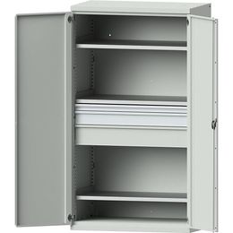 eurokraft pro Schwerlastschrank aus Stahl, 3 Fachböden, Schubladen 1 x 60 mm, 1 x 120 mm, 1 x 180 mm hoch, lichtgrau/lichtgrau
