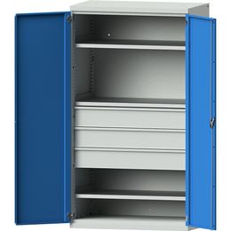 eurokraft pro Schwerlastschrank aus Stahl, 3 Fachböden, 3 Schubladen 180 mm hoch, lichtgrau/lichtblau